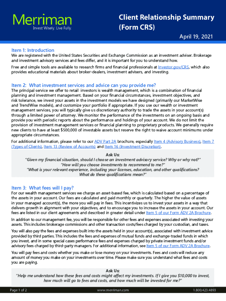 Fillable Online CLIENT RELATIONSHIP SUMMARY (FORM CRS) Form ADV Part 3 ...