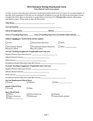 Fillable Online info fldoe 2014 Standard Setting Nomination Form. 2014 Standard Setting ...