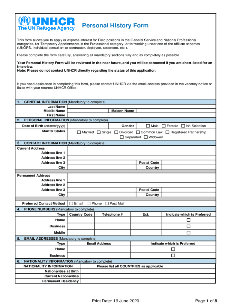 Fillable Online www.undp.orgcontentdamPersonal History Form - United ...