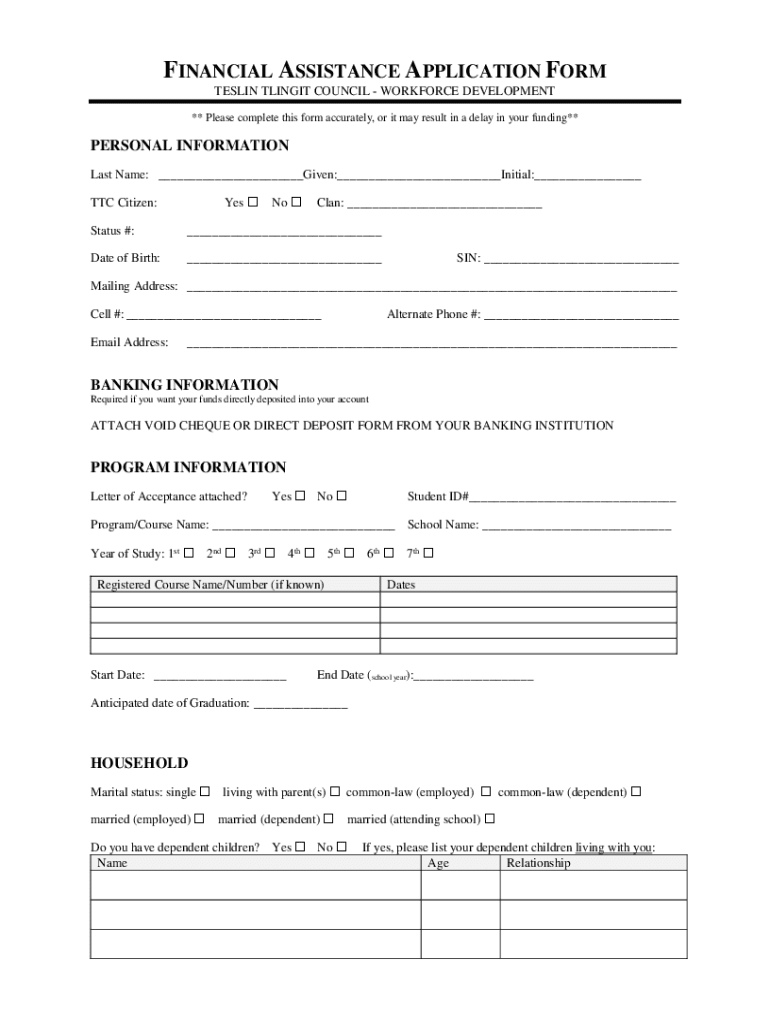 Fillable Online FINANCIAL ASSISTANCE APPLICATION FORM - Teslin Tlingit ...