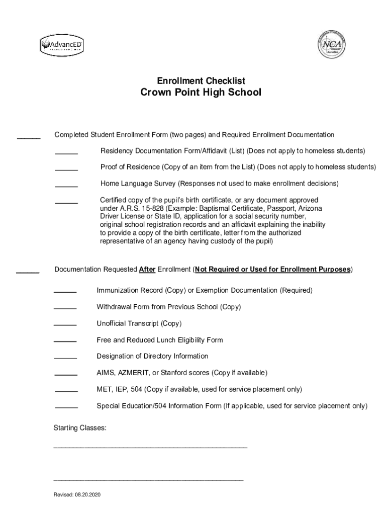 Fillable Online Enrollment Checklist: ONE FORM REQUIRED FOR .Enrollment ...