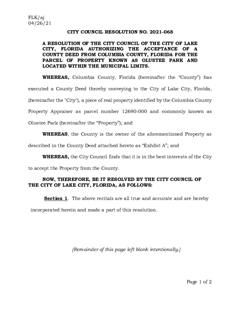 Fillable Online City Council Resolution Number 2021-068. Authorizing ...