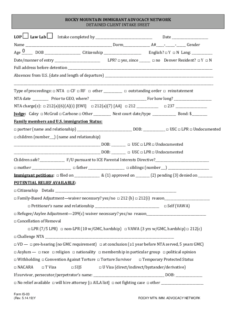 Fillable Online DETAINED CLIENT INTAKE SHEET Fax Email Print - pdfFiller