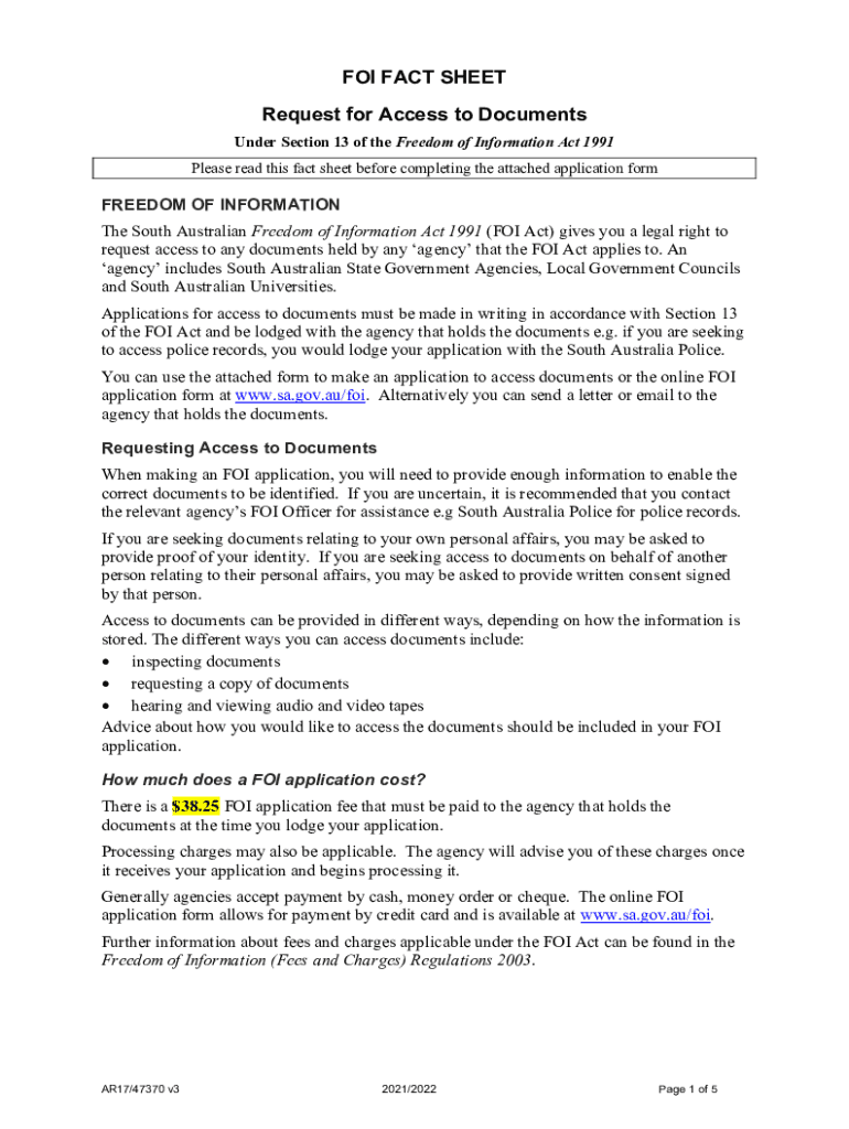 Fillable Online www.apc.sa.gov.audataassetsFOI FACT SHEET Request for ...