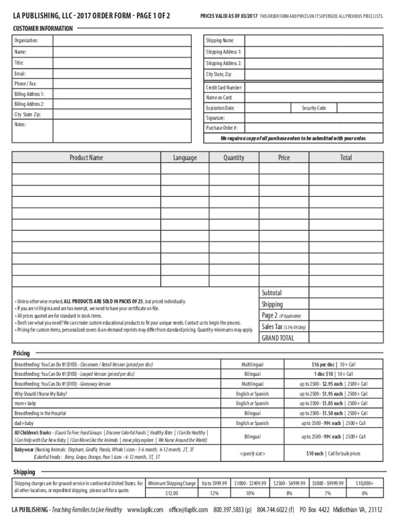 Fillable Online LA PUBLISHING - 2016 ORDER FORM PAGE 1 THIS ORDER FORM ...