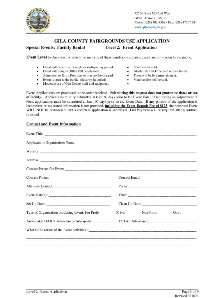 Fillable Online cms3files.revize.comgilaazgovernmentGILA COUNTY FAIRGROUNDS USE APPLICATION Fax ...