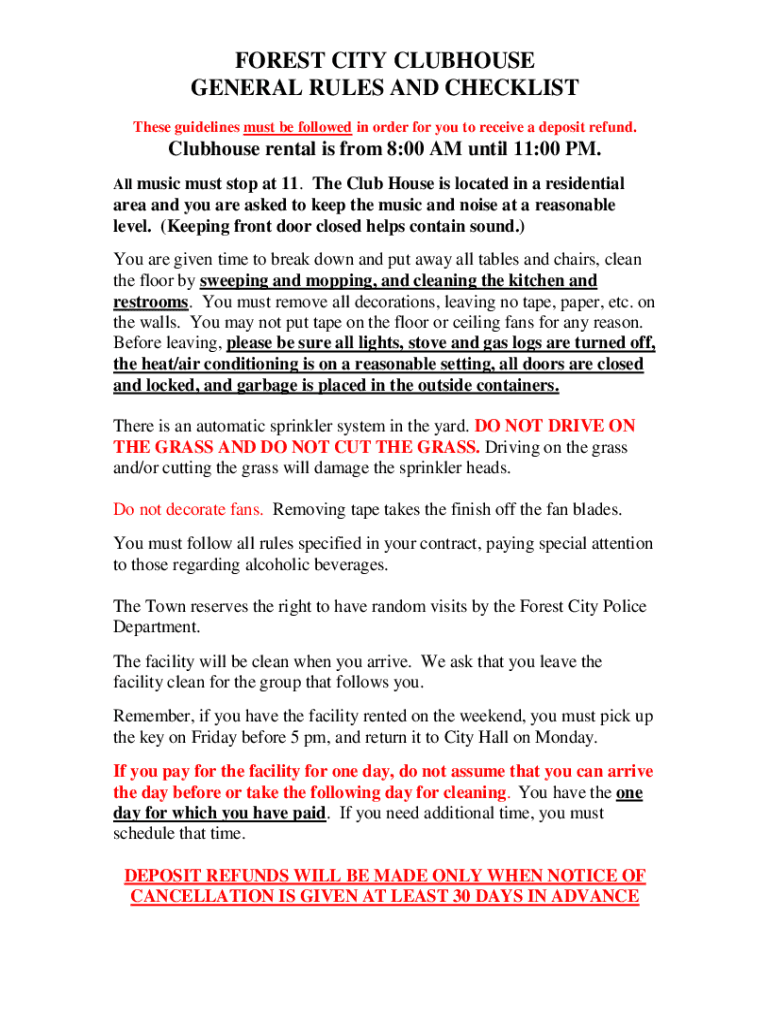 Fillable Online Clubhouse rental is from 8:00 AM until 11:00 PM. - Town ...