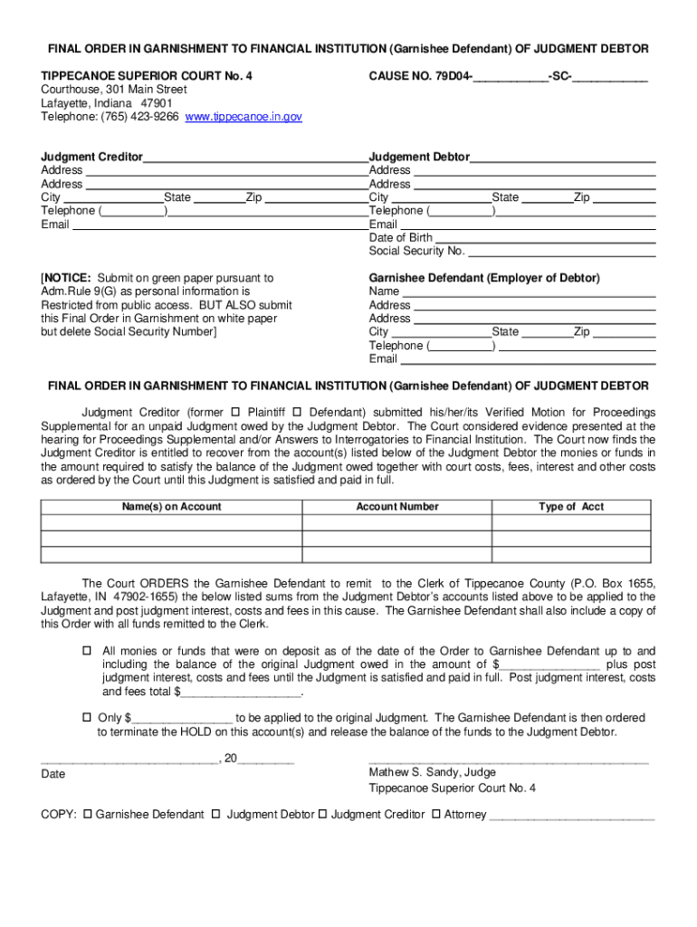 Fillable Online Final Order in Garnishment to Financial Institution Use ...