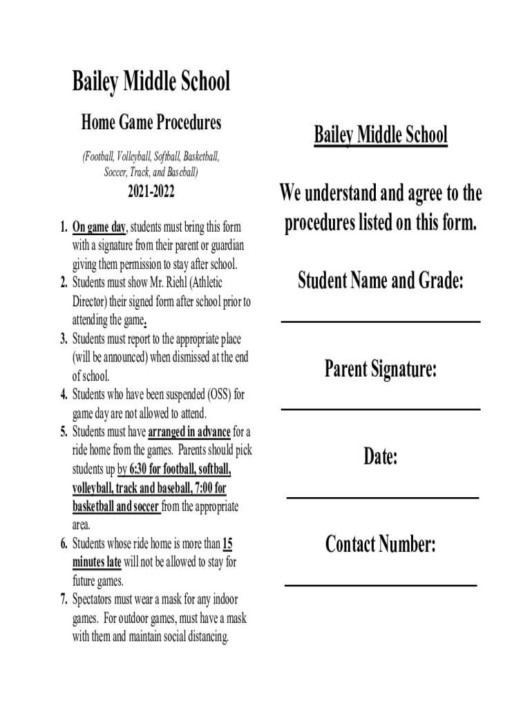 Fillable Online schools cms k12 nc schools.cms.k12.nc.usHomeGameProceduresBailey Middle School ...