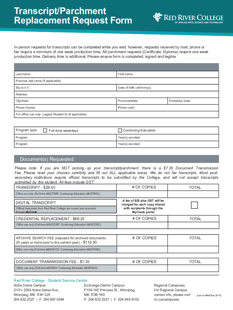 Fillable Online www.rrc.ca08Transcript-Parchment-RequestTranscript ...