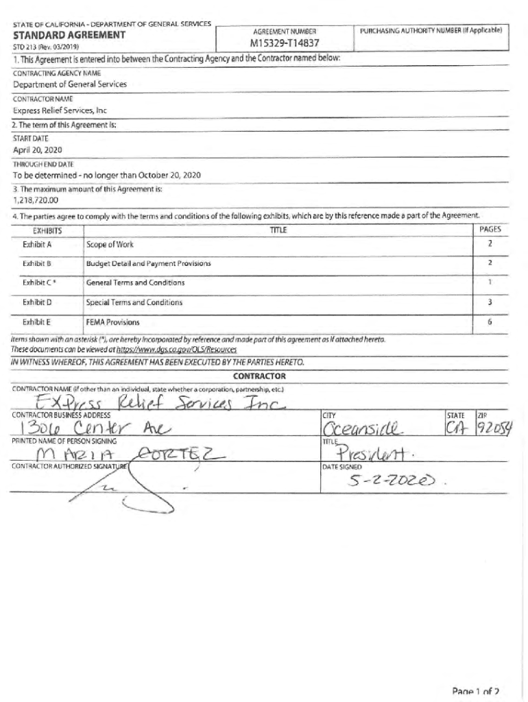 Fillable Online Agreement Number M15329-14837. Express Relief Services ...