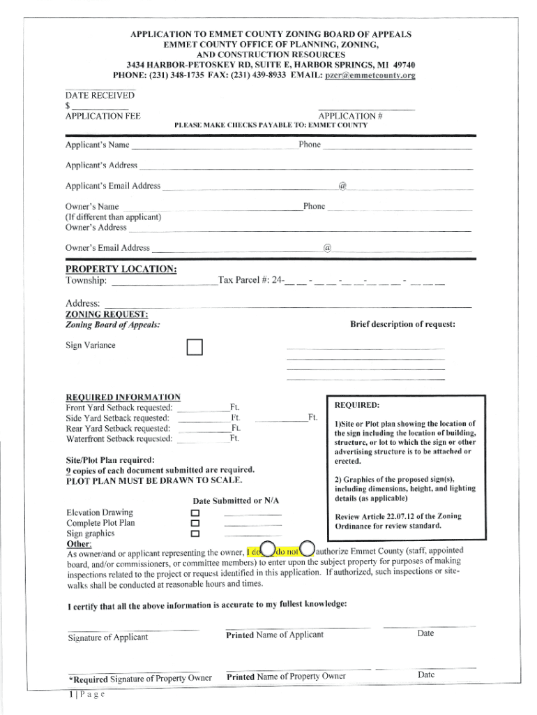 Fillable Online Zoning Board of Appeals (ZBA) APPLICATION Fax Email ...
