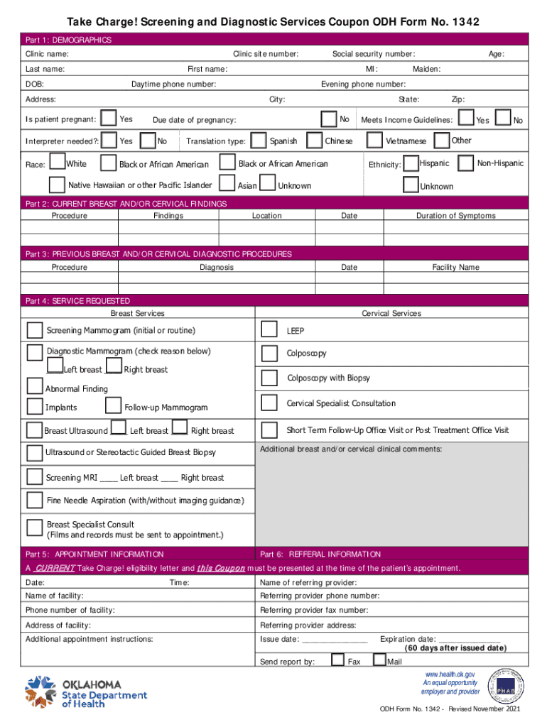 Fillable Online Take Charge Screening Diagnostic Services Coupon ODH ...