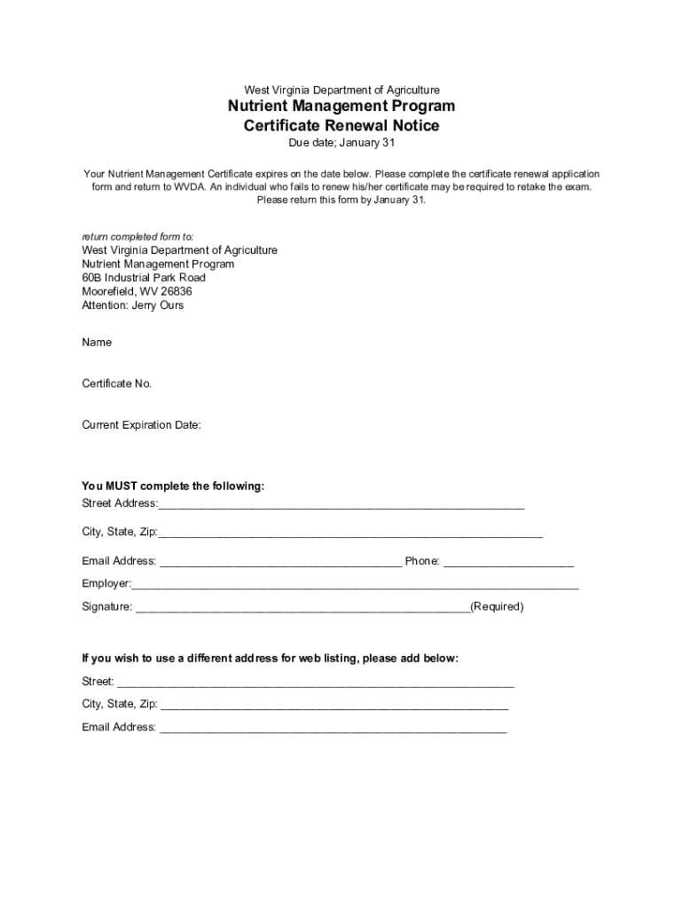 Fillable Online Nutrient Management Program Certificate Renewal Notice Fax Email Print - pdfFiller