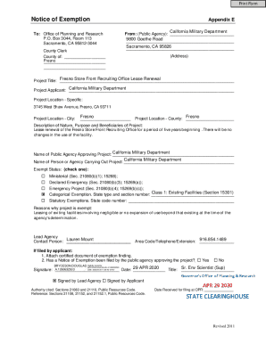 Fillable Online NOTICE OF EXEMPTION To: Office of Planning and Research ...