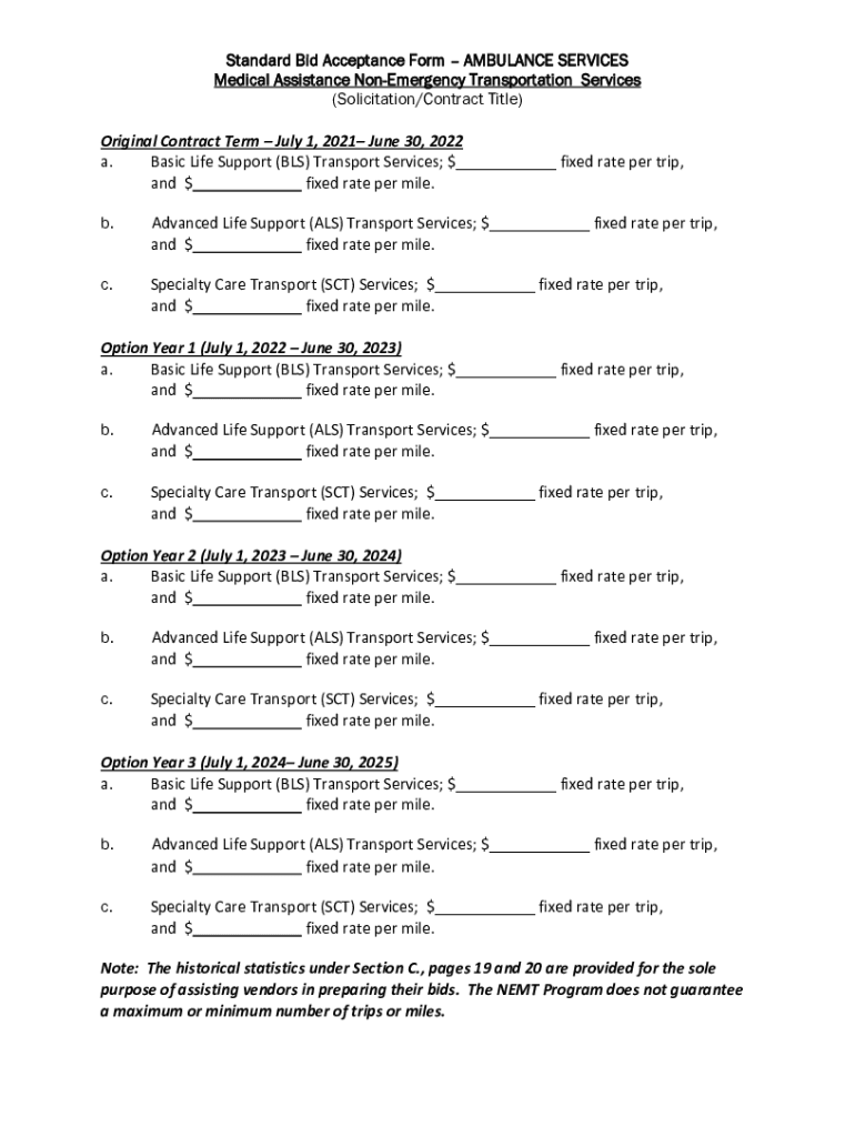 Fillable Online Standard Bid Acceptance Form AMBULANCE SERVICES Medical ...