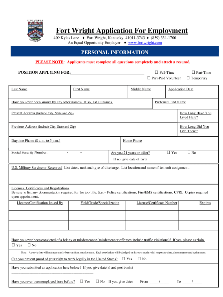 Fillable Online Fort Wright Application For Employment Fax Email Print ...