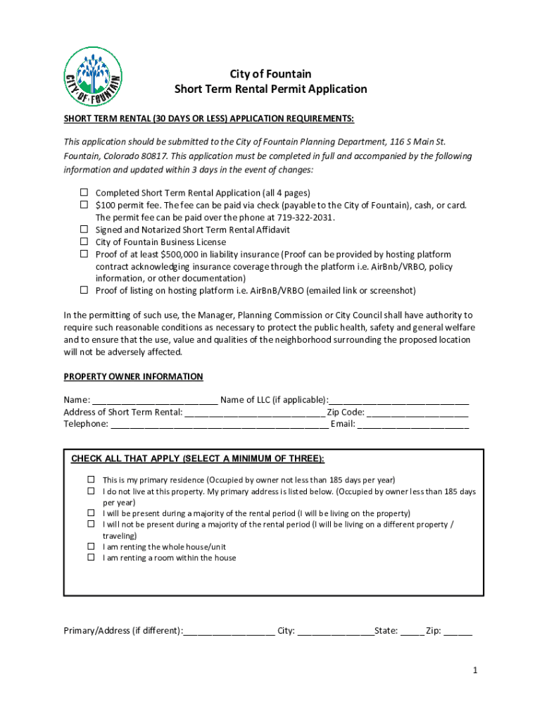 Fillable Online Fillable Online City of Fountain Short Term Rental ...