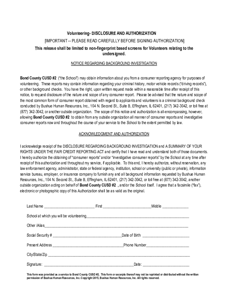 Fillable Online Volunteering- DISCLOSURE AND AUTHORIZATION Fax Email Print - pdfFiller