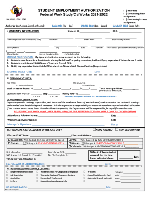 Fillable Online Federal Work Study Student Employment Authorization ...