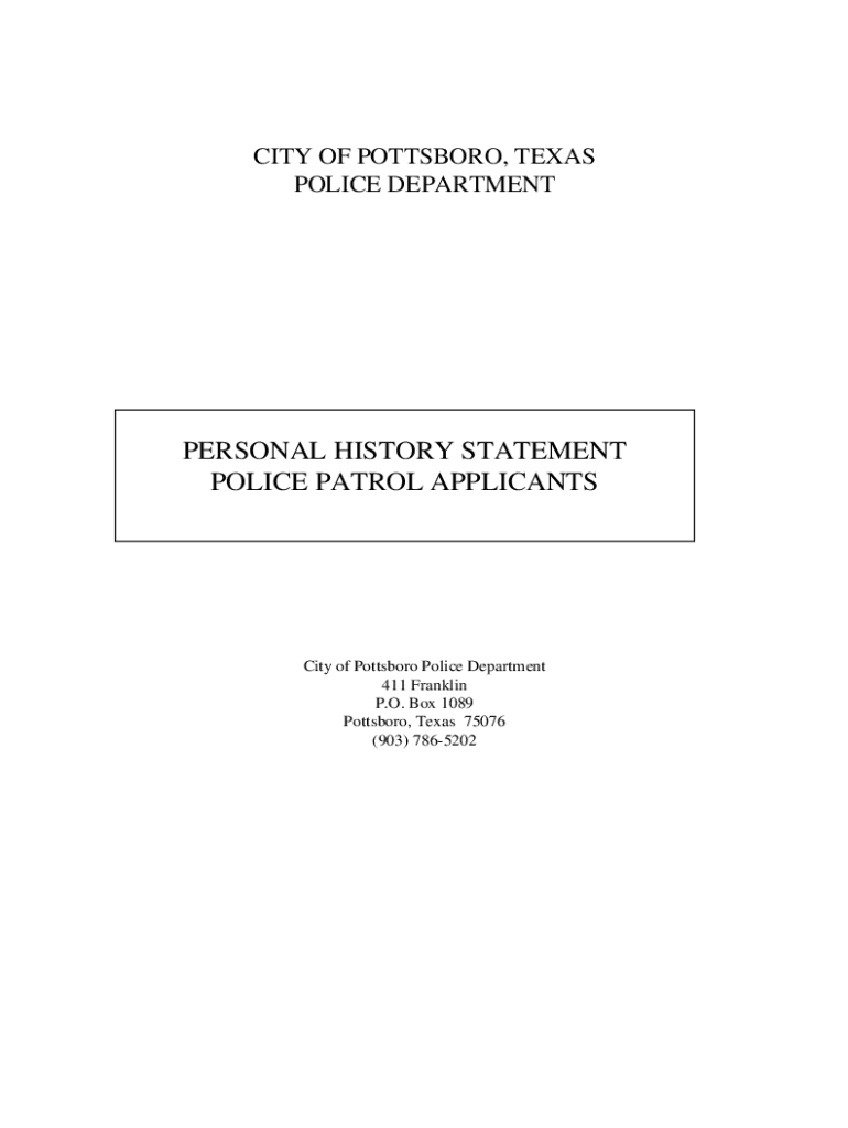Fillable Online PERSONAL HISTORY STATEMENT POLICE PATROL APPLICANTS Fax ...