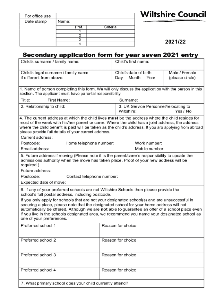 Fillable Online www.wiltshire.gov.uk media 4388Secondary application form for year seven 2021 ...