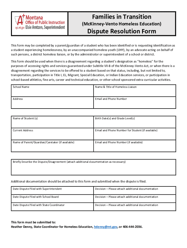 Fillable Online opi mt Families in Transition Dispute Resolution Form ...