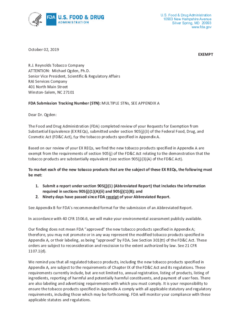 Fillable Online Exemption Letter from FDA CTP to R.J Reynolds Tobacco ...