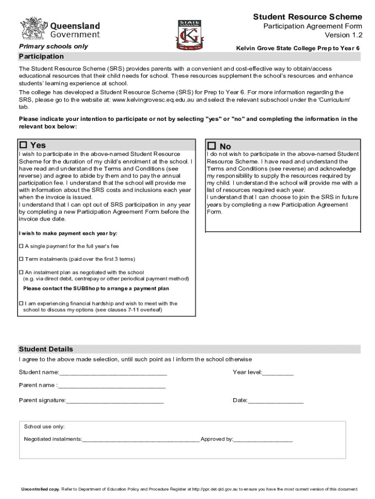Fillable Online kelvingrovesc eq edu SRS Participation Agreement Form ...