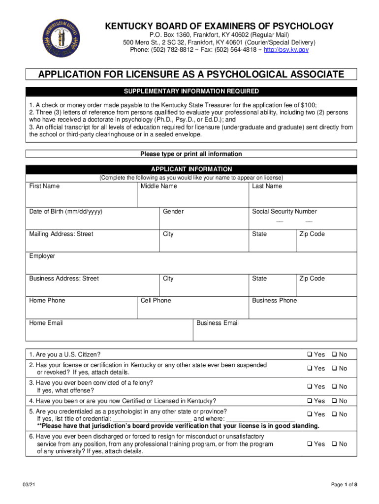 Fillable Online Application for Licensure as a Psychological Associate ...