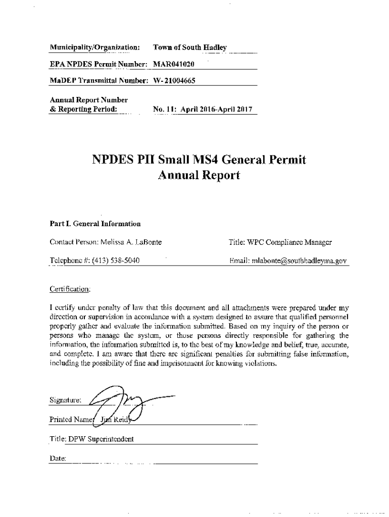 Fillable Online South Hadley, MA2017 Annual Report NPDES Phase II Small MS4 General Permit. 2017 ...