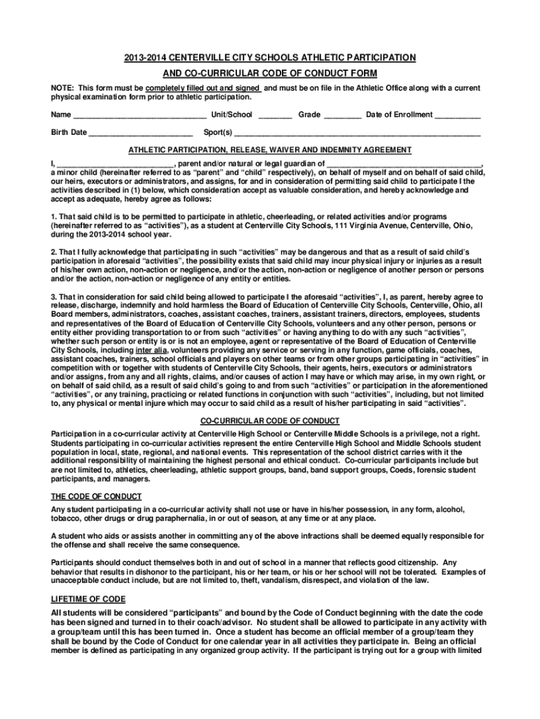 Fillable Online 2013-2014 Centerville City Schools Code of Conduct Form ...