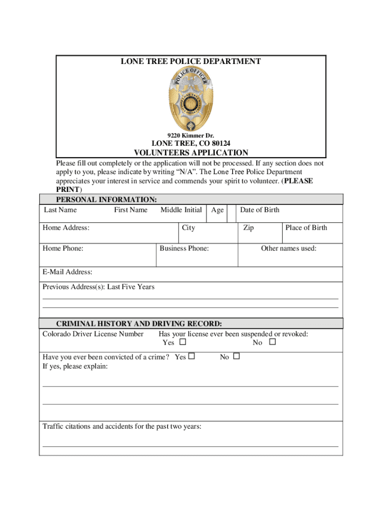 Fillable Online City of Lone Tree Police Department Company ProfileLone ...