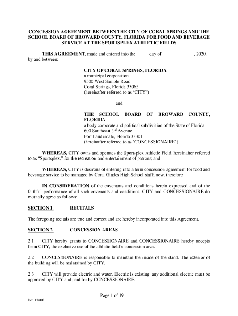 Fillable Online CONCESSION AGREEMENT BETWEEN THE CITY OF CORAL SPRINGS AND ... Fax Email Print ...