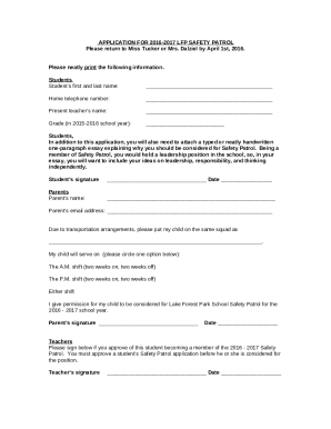Safety Patrol Application - cherokee.k12.ga.us Doc Template | pdfFiller