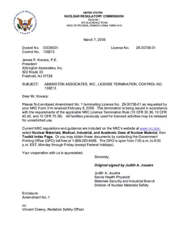 Fillable Online Abbington Associates, Inc., License Termination ...