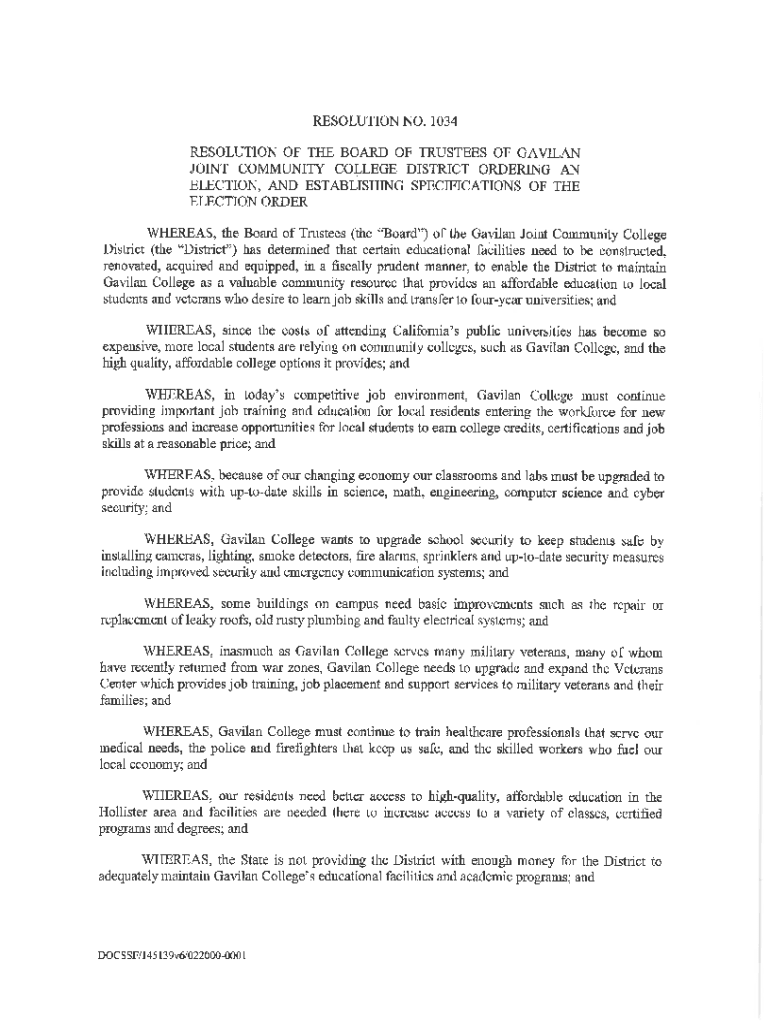 Fillable Online RESOLUTION NO. 1034 RESOLUTION OF THE BOARD OF TRUSTEES ...