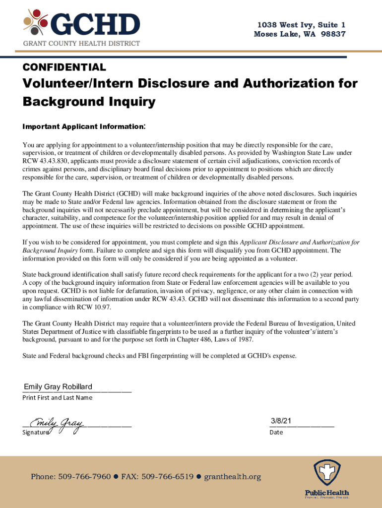 Fillable Online PDF Volunteer/Intern Disclosure and Authorization for Background Inquiry Fax ...
