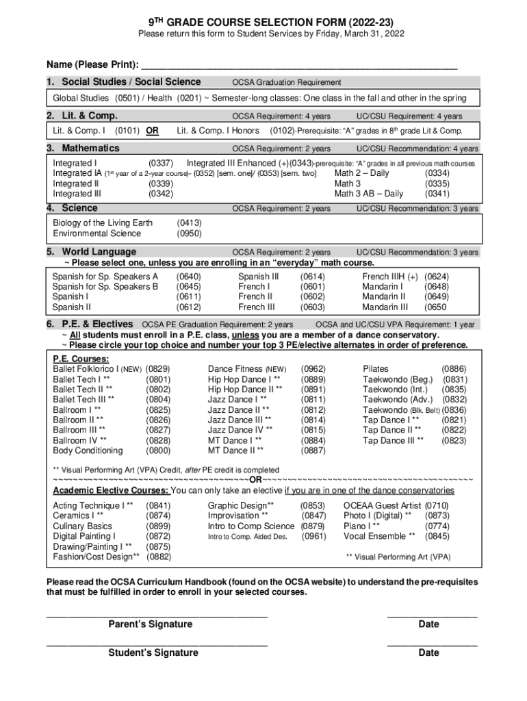 Fillable Online 9th Grade Course Selection Form: Easy to Customize and ... Fax Email Print ...