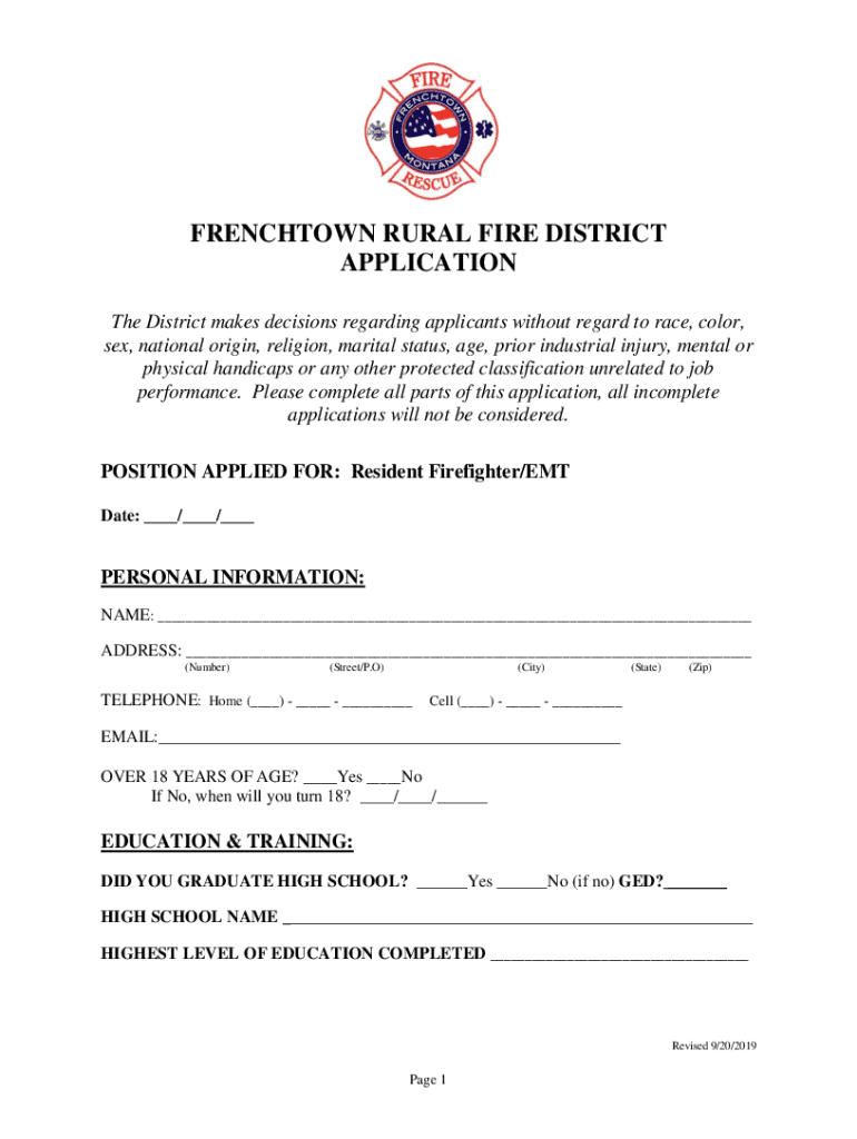 Fillable Online Fire Chief Application - Frenchtown Rural Fire ...