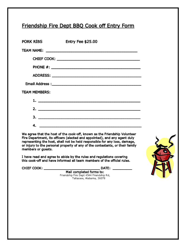 Fillable Online Friendship Fire Dept BBQ Cook off Entry Form Fax Email ...