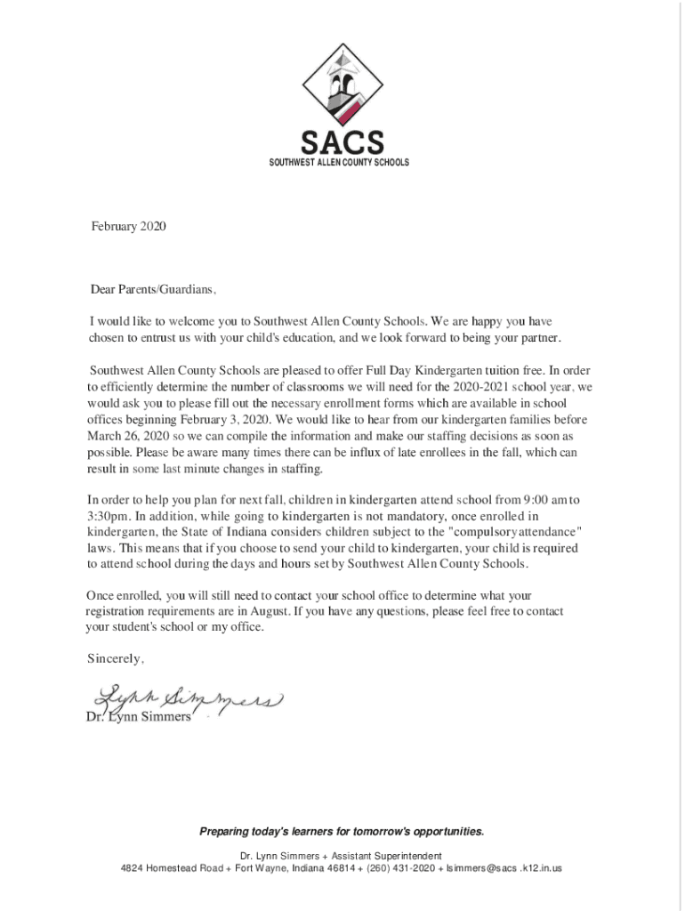 Fillable Online www.sacs.k12.in.usresourcesforparentsParent Letter ...
