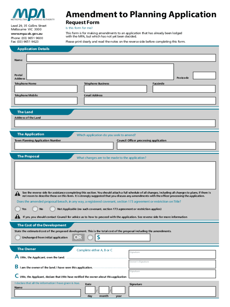 Fillable Online vpa vic gov Application to AMEND a Planning Permit ...
