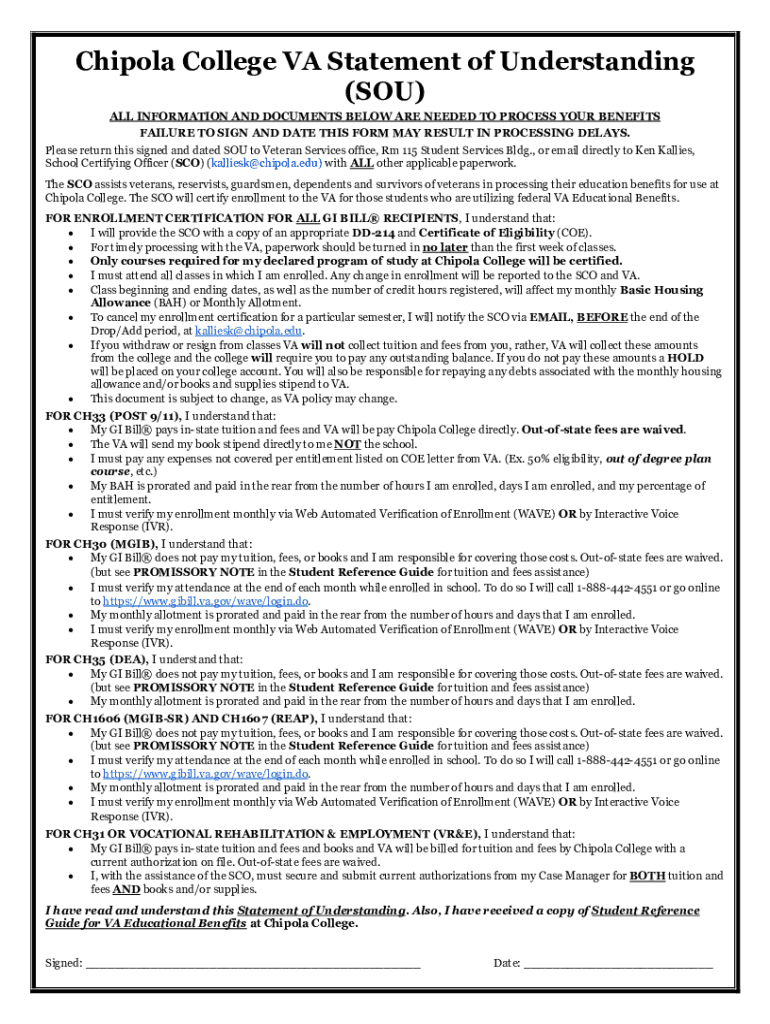 Fillable Online Chipola College VA Statement of Understanding (SOU) Fax ...