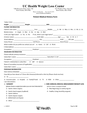 Fillable Online UC Health Weight Loss Center Medical History Form 10-12-15 Fax Email Print ...