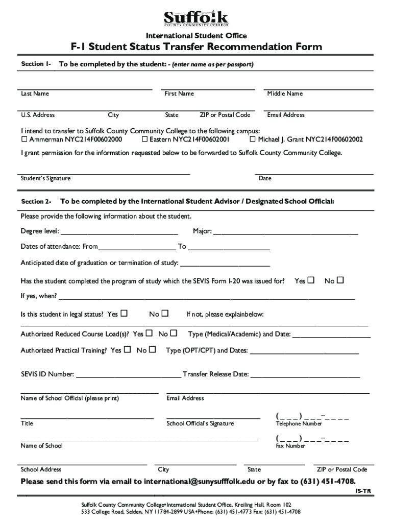 Fillable Online INTERNATIONAL STUDENT TRANSFER FORM SECTION I: TO BE ...