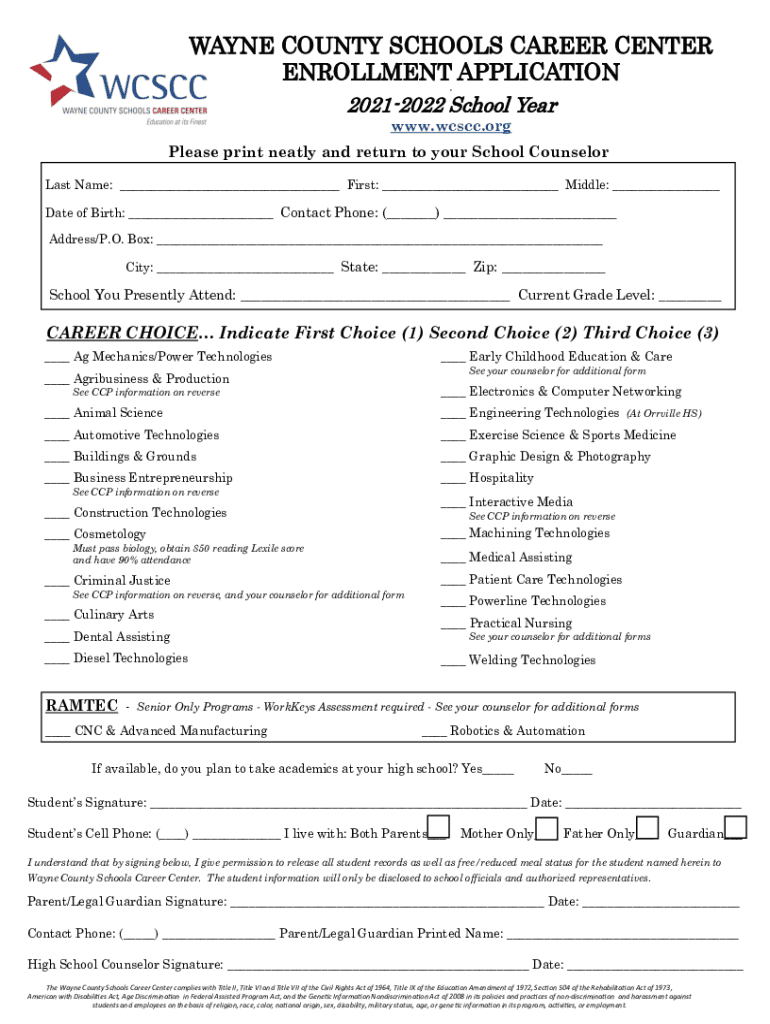 Fillable Online WAYNE COUNTY SCHOOLS CAREER CENTER ENROLLMENT ...