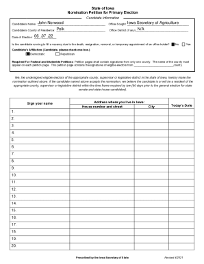 Fillable Online Iowa Code Section 43.14 (2021) - Form of nomination ...