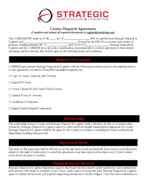 Fillable Online Strategic Dispatch & Logistics Carrier Agreement Fax ...