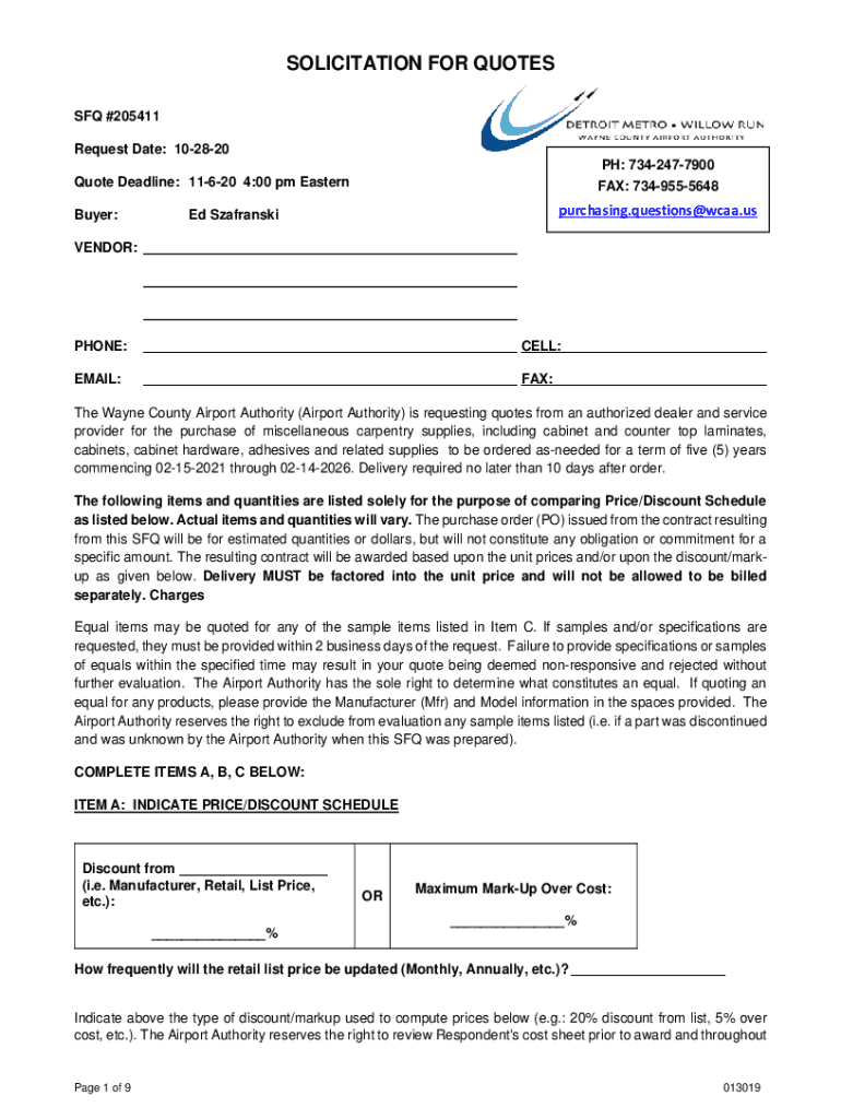 Fillable Online SOLICITATION FOR QUOTEs SFQ #: 205084 Request Date: 05/ ...